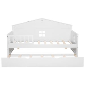 MERITLINE Twin Size Daybed with Trundle and Sensor Light, Wood Daybed Sofa Bed with Charming House-Shaped Backboard,Kids Bed Frames with Windows and Safety Rails,White