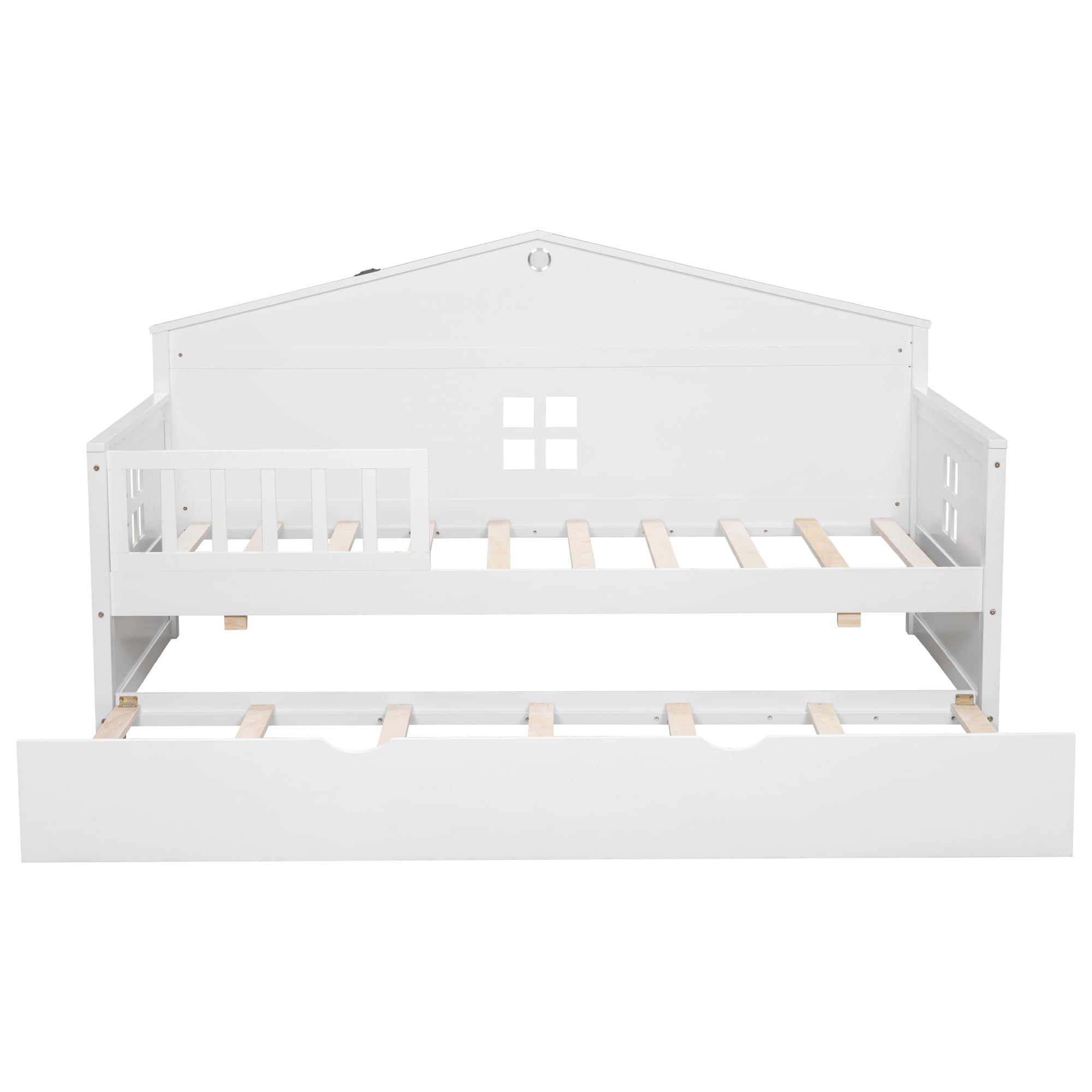 MERITLINE Twin Size Daybed with Trundle and Sensor Light, Wood Daybed Sofa Bed with Charming House-Shaped Backboard,Kids Bed Frames with Windows and Safety Rails,White