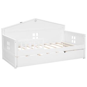 MERITLINE Twin Size Daybed with Trundle and Sensor Light, Wood Daybed Sofa Bed with Charming House-Shaped Backboard,Kids Bed Frames with Windows and Safety Rails,White