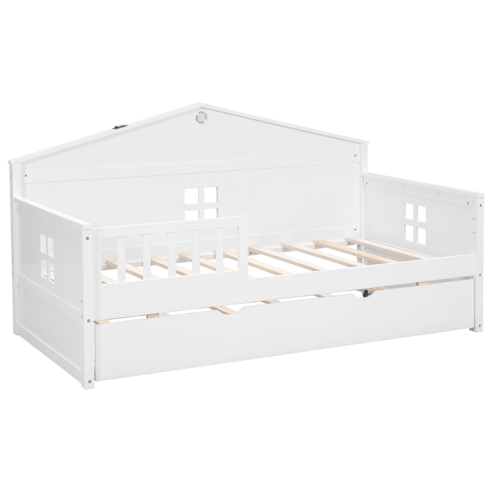 MERITLINE Twin Size Daybed with Trundle and Sensor Light, Wood Daybed Sofa Bed with Charming House-Shaped Backboard,Kids Bed Frames with Windows and Safety Rails,White