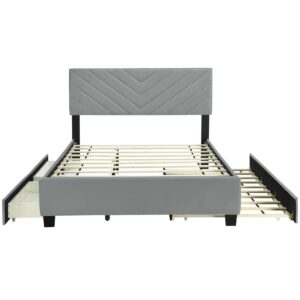 Linique Queen Size Upholstered Platform Bed with Headboard, Trundle and 2 Storage Drawers, Wooden Bed Frame, Grey