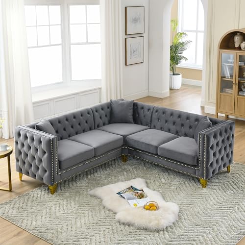 ERYE L-Shaped Symmetrical Sectional Sofa Couch Clasic Velvet Upholstered Tufted 5 Seater Sofa&Couch W/Button Armrests,Metal Legs,Nailhead Decor and 3 Pillows for Living Room, 82.2", Gray-012