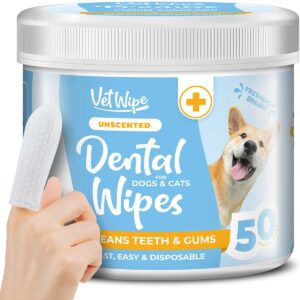 vetwipe dog teeth cleaning finger wipes - easy cats & dogs dental care toothbrush and tooth brushing kit, freshen bad breath, reduces plaque - 50 count