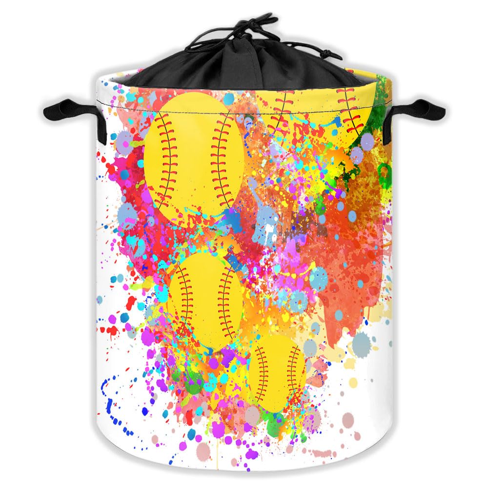 Softball Laundry Baskets Color Paint Splatter Laundry Hampers Sports Style Games Theme Large Size X01060