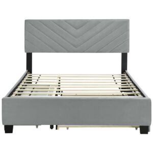 Linique Queen Size Upholstered Platform Bed with Headboard, Trundle and 2 Storage Drawers, Wooden Bed Frame, Grey