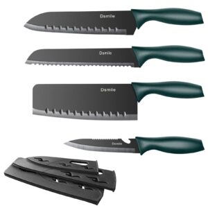 dsmile 4 pcs kitchen knife set,black stainless steel knives with knife covers,non-stick coated stainless steel blades for cutting,slicing & dicing