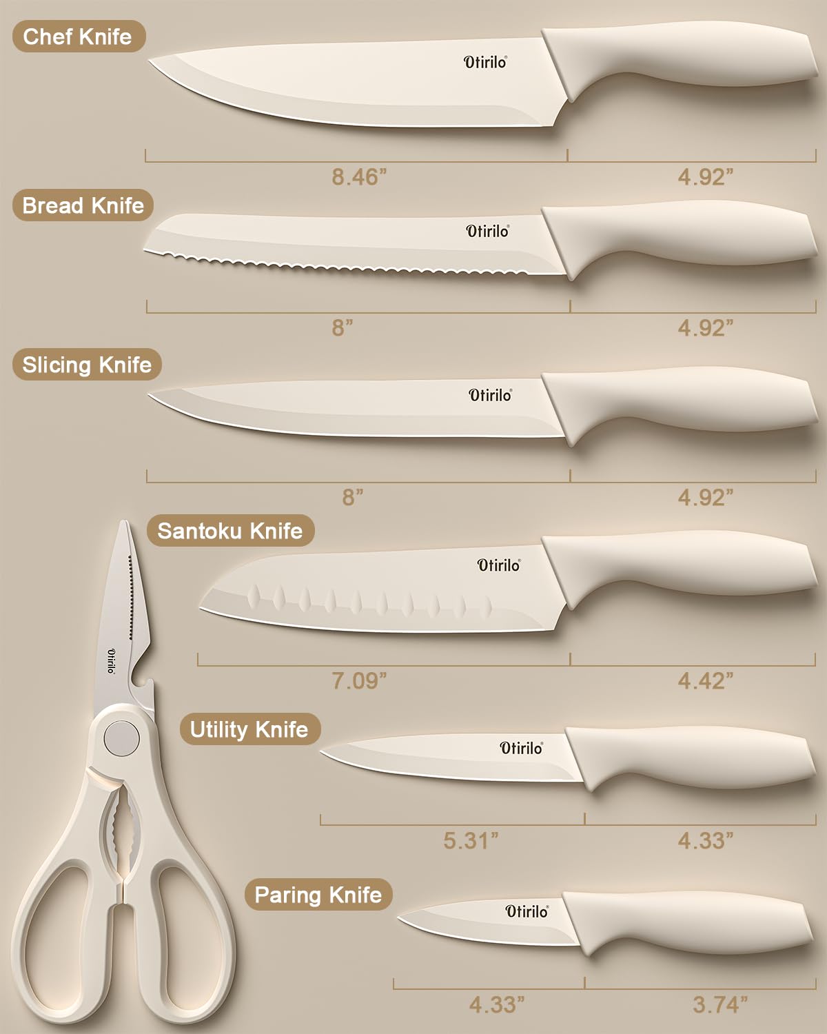 Otirilo 13 Pieces Kitchen Knife Set, Granite Nonstick Ceramic Coating Stainless Steel Sharp Chef Knives Set with Blade Guards & Kitchen Scissors, Essential Knife Set for Kitchen, Dishwasher Safe,White