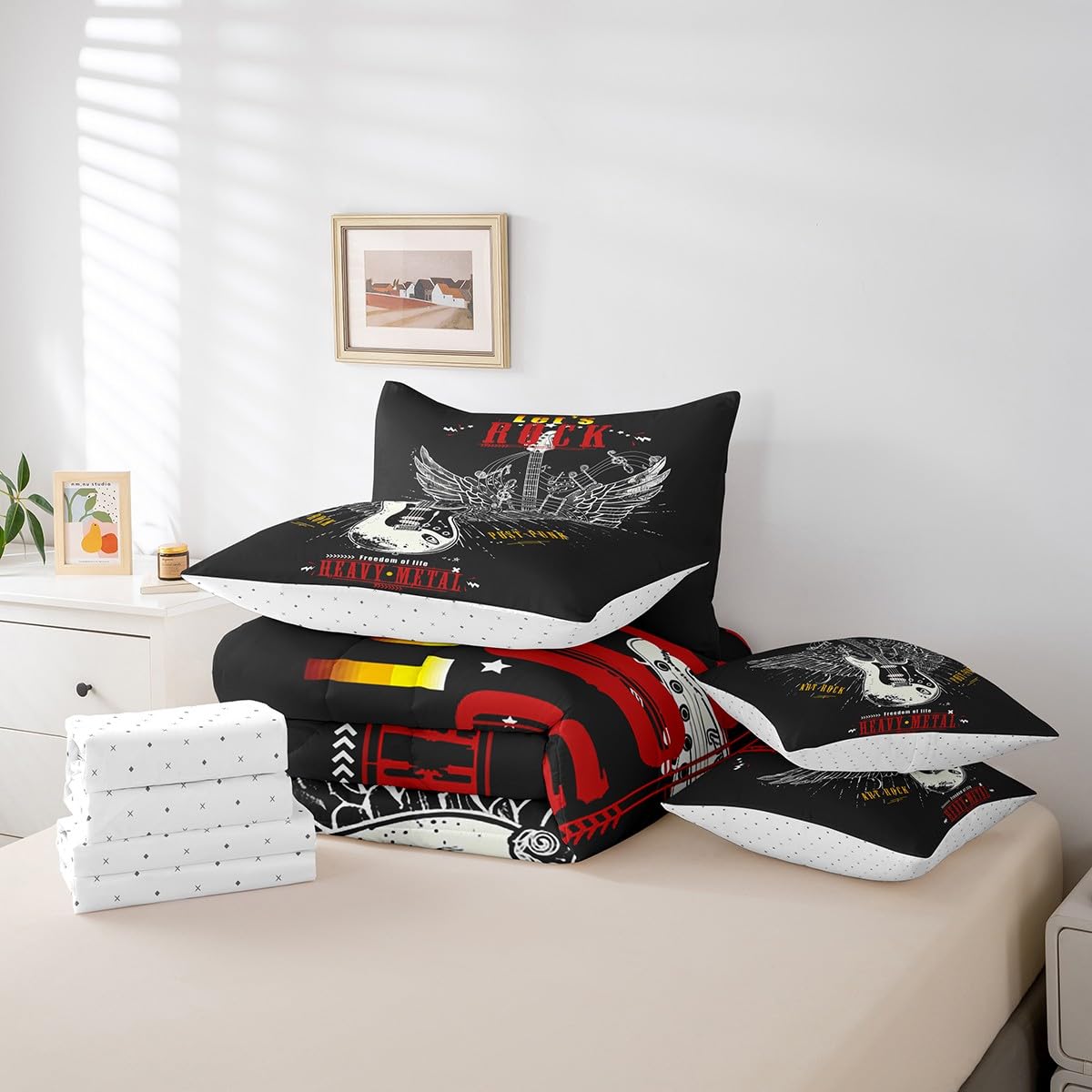 Feelyou Guitar Bedding Set Rock Music Bed in a Bag Musical Comforter Set Full Size 7 Pieces for Kids Boys Teens Bird Wings Bed Set with Comforter, Sheet Set, Pillowcases, Pillow Covers