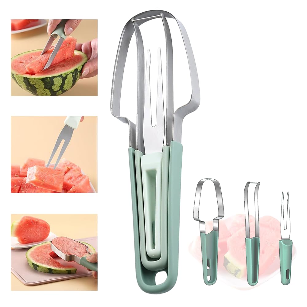 3-in-1 watermelon cutter slicer tool，watermelon knife stainless watermelon slicer watermelon fork ，fruit cutter slicer kitchen gadgets - Green