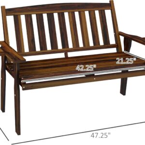 BAIVAKON Wood Outdoor Bench, 2-Person Garden Bench with Cupholder Armrests, Slatted Seat and Backrest, Park Bench for Patio, Porch, Lawn, Deck, Carbonized