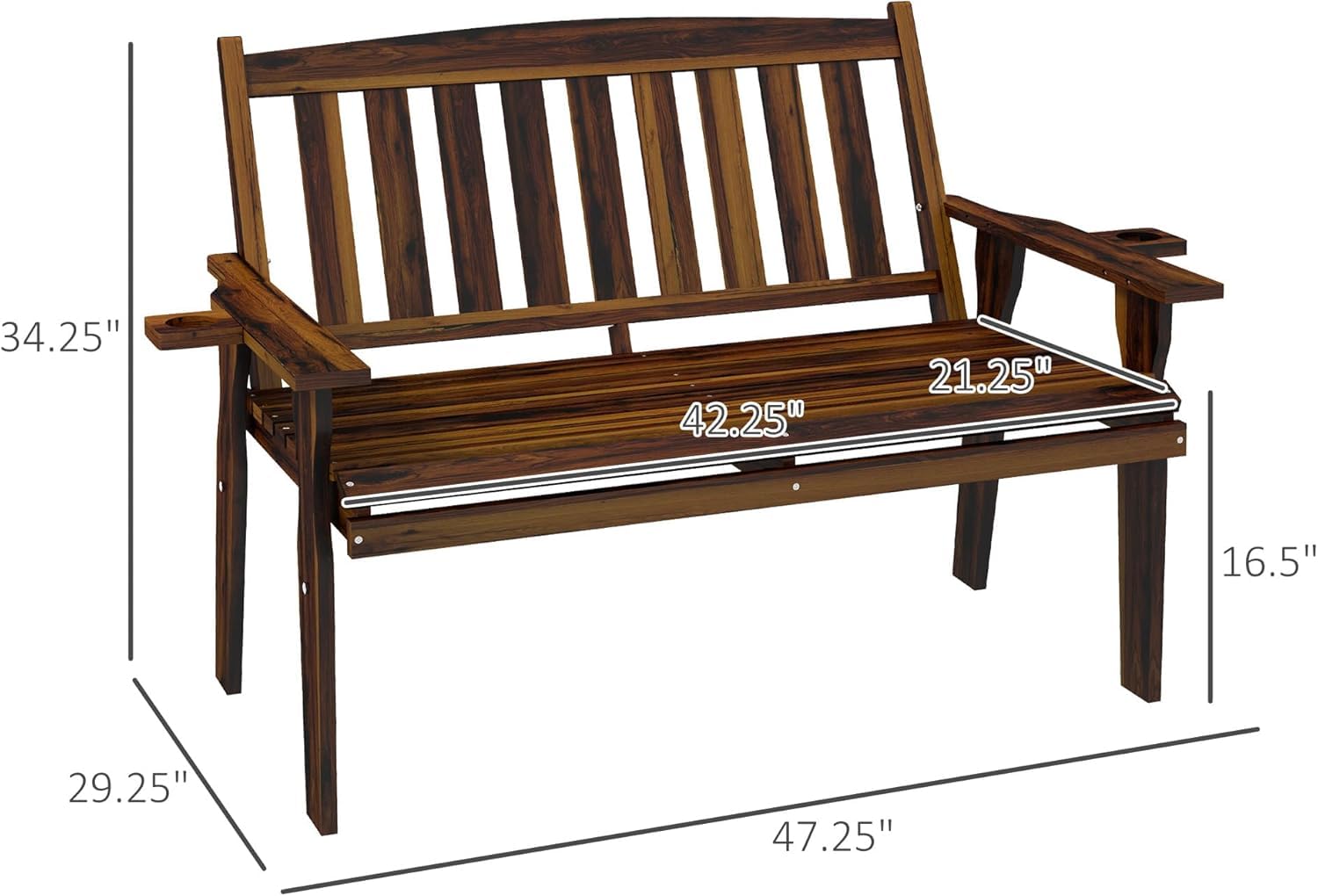 BAIVAKON Wood Outdoor Bench, 2-Person Garden Bench with Cupholder Armrests, Slatted Seat and Backrest, Park Bench for Patio, Porch, Lawn, Deck, Carbonized