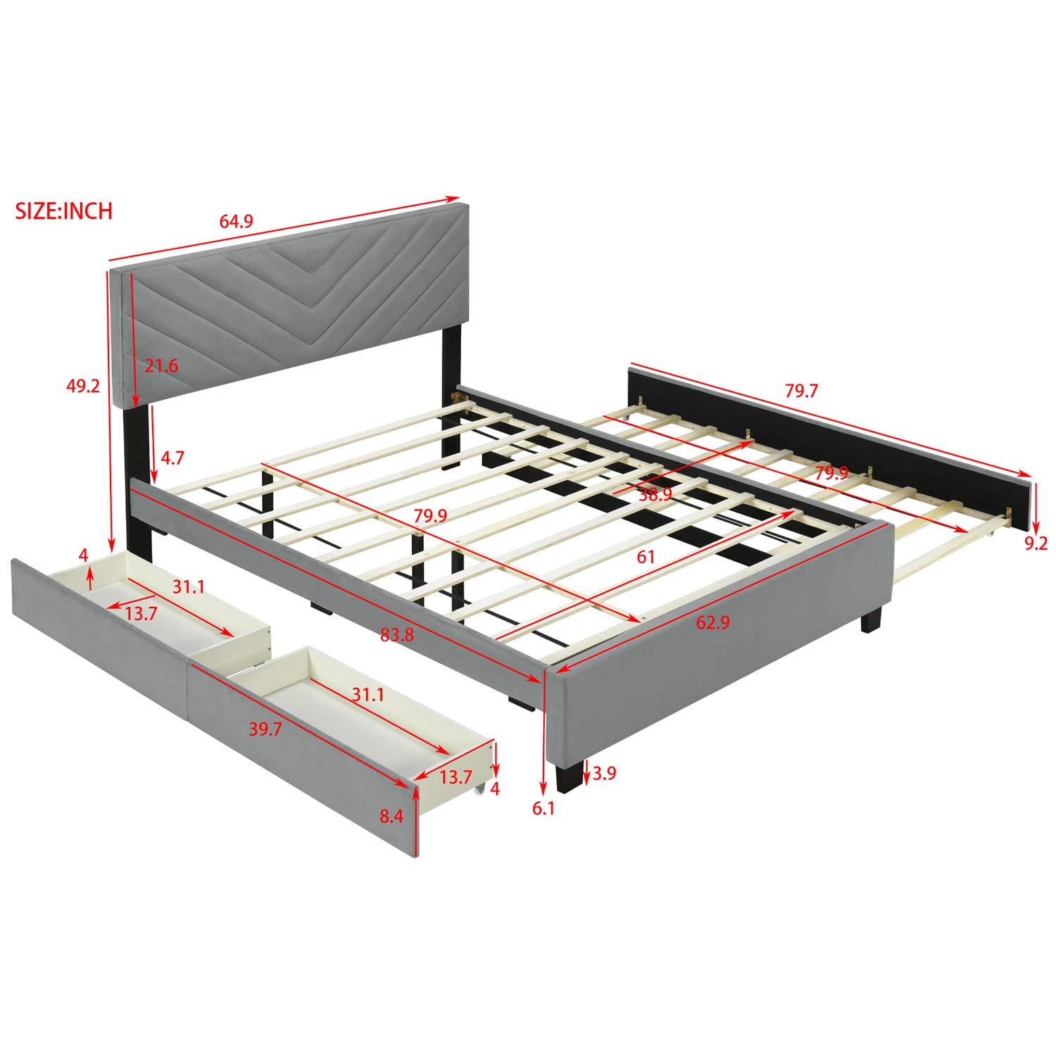 Linique Queen Size Upholstered Platform Bed with Headboard, Trundle and 2 Storage Drawers, Wooden Bed Frame, Grey