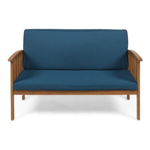 Merax Outdoor Acacia Wood Loveseat, Modern 2 seat Sofa for Backyard & Patio, Brown & Teal