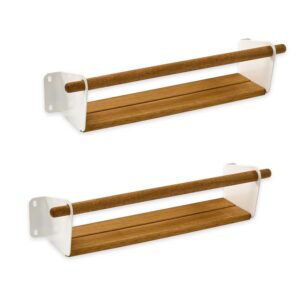 thyoi set of 2 acacia wood floating wall shelves, 15"x0.8"x2.7" wall mounted storage shelf, hanging organizer shelf for kitchen, bathroom, living room.(natural color, white metal guardrail)