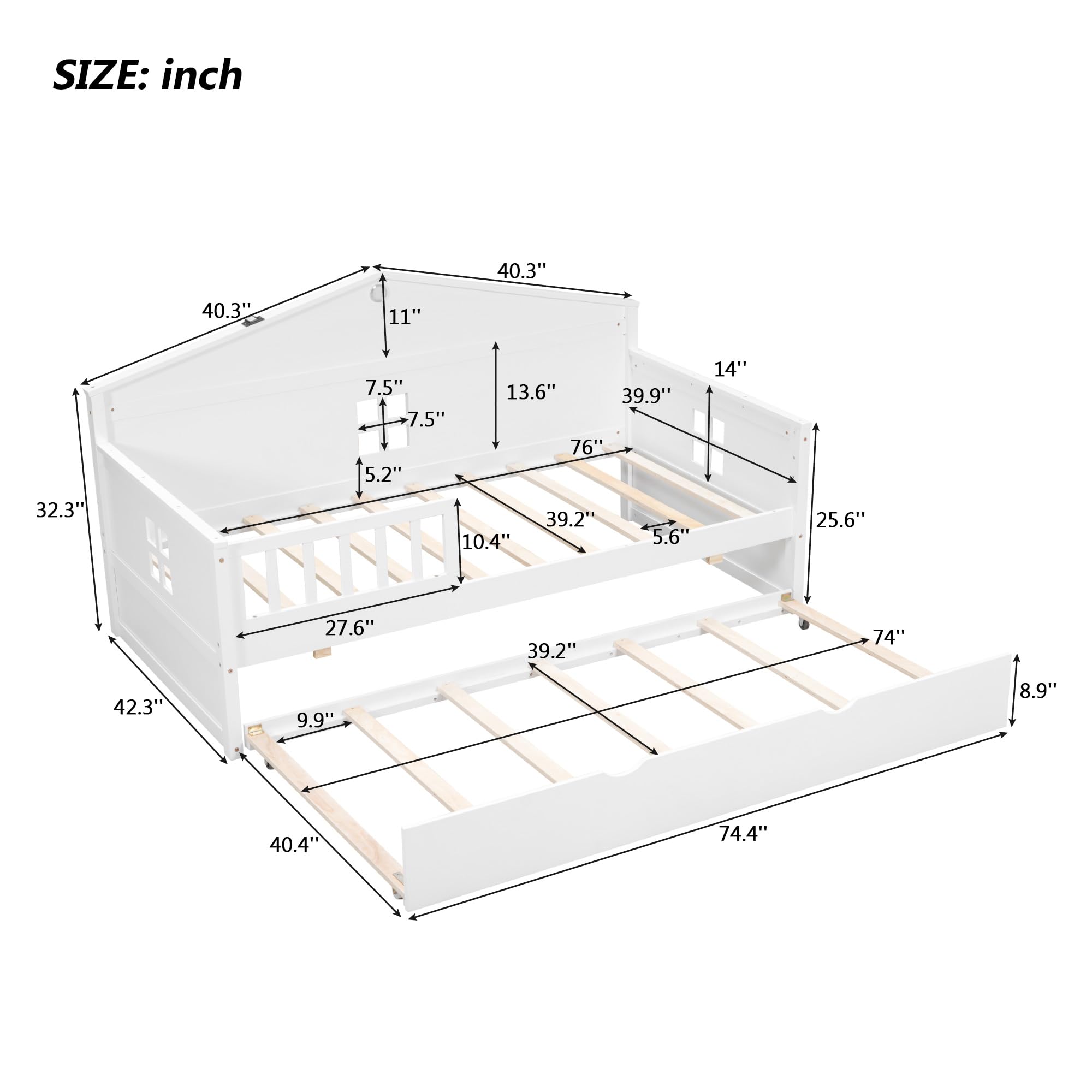 MERITLINE Twin Size Daybed with Trundle and Sensor Light, Wood Daybed Sofa Bed with Charming House-Shaped Backboard,Kids Bed Frames with Windows and Safety Rails,White