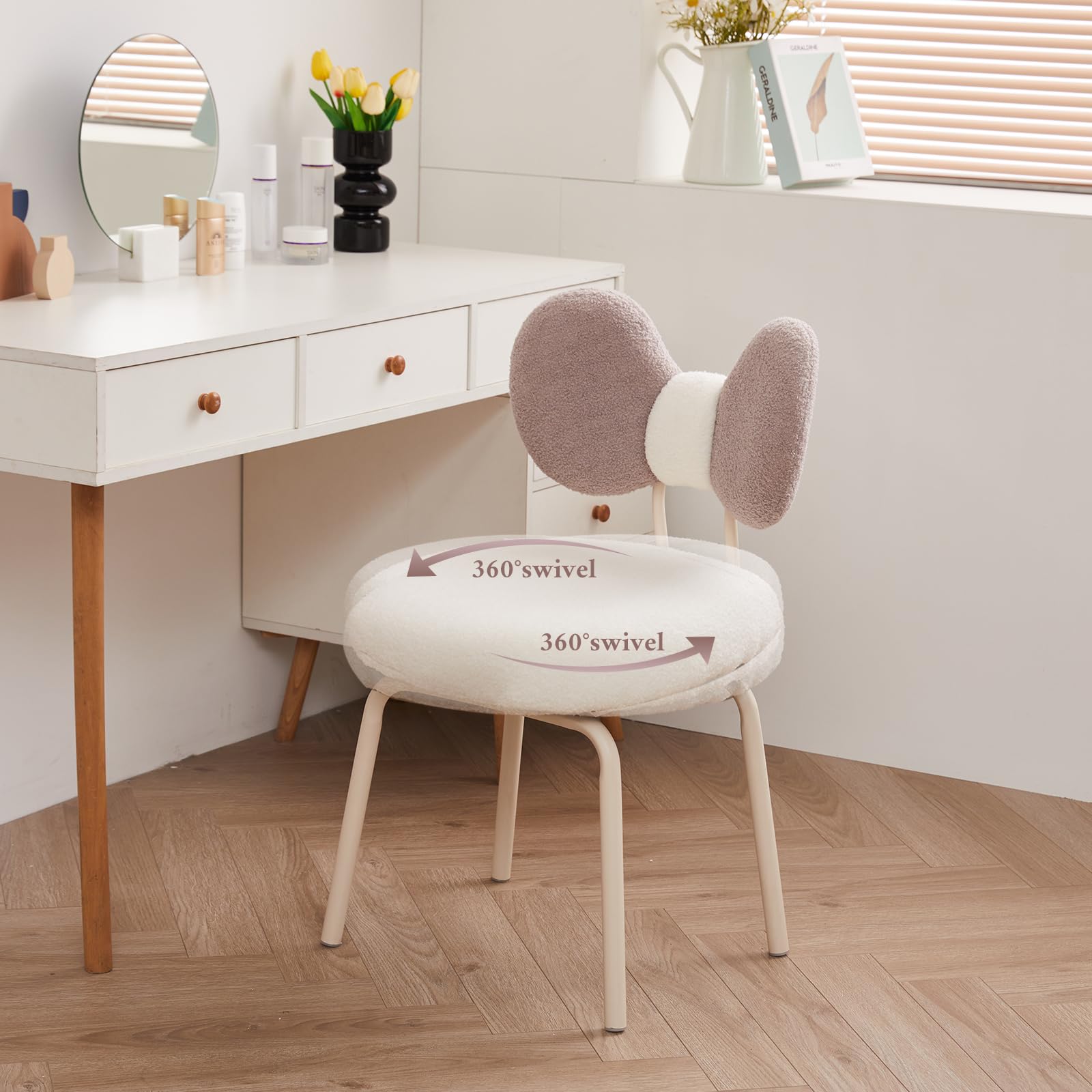 HousePrint Vanity Chair with Bowknot Back, Comfy Desk Chair no Wheels 360°Swivel Makeup Stool, Makeup Chair for Vanity with One-Whole Metal Legs for Dressing Room, Bedroom, Chic & Modern Look