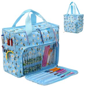 gdjzxd crochet bag, crochet storage, knitting organiser, crochet organiser, craft bag fit carrying projects, knitting needles, crochet hooks, yarn, blue floral and bees