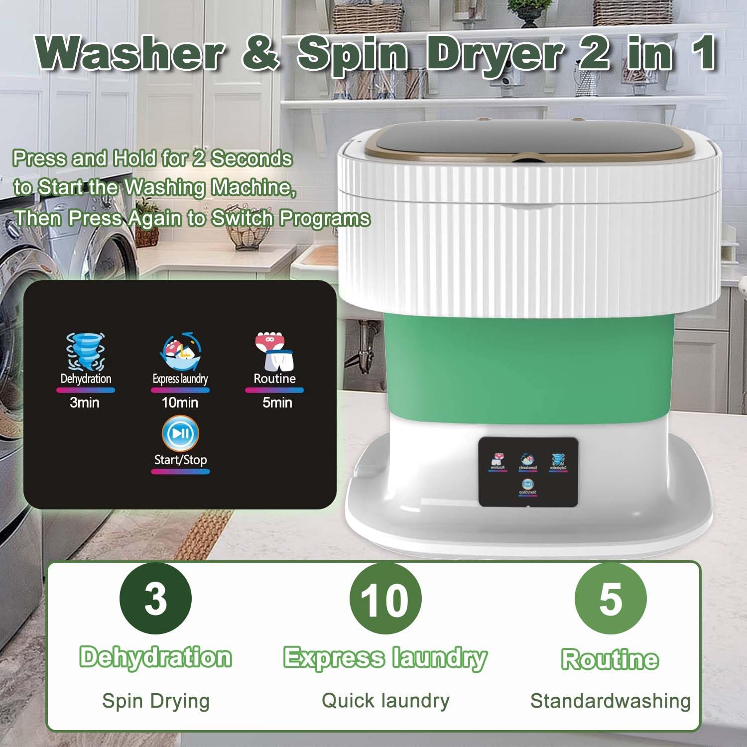 Mini Washing Machine, Portable Foldable Washer, 11L Large Capacity Upgrade Model, Small Collapsible Compact Laundry Washer and spin dryer, Apartment, Dorm, Rv, Socks, Underwear, Baby Clothes (Green)