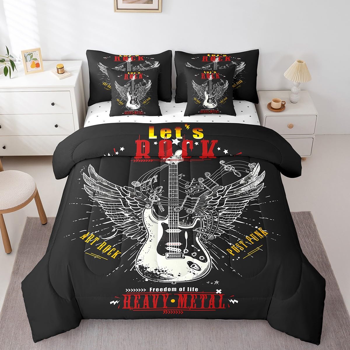 Feelyou Guitar Bedding Set Rock Music Bed in a Bag Musical Comforter Set Full Size 7 Pieces for Kids Boys Teens Bird Wings Bed Set with Comforter, Sheet Set, Pillowcases, Pillow Covers