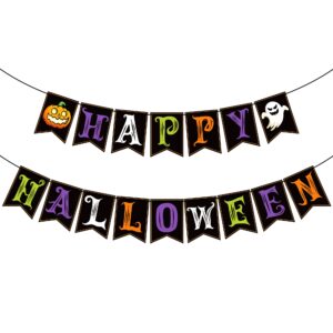 ohome halloween decorations - happy halloween banner | halloween party decorations for indoor outdoor - halloween backdrop garland for outside | hanging halloween party favors supplies for birthday,trunk or treat decorations