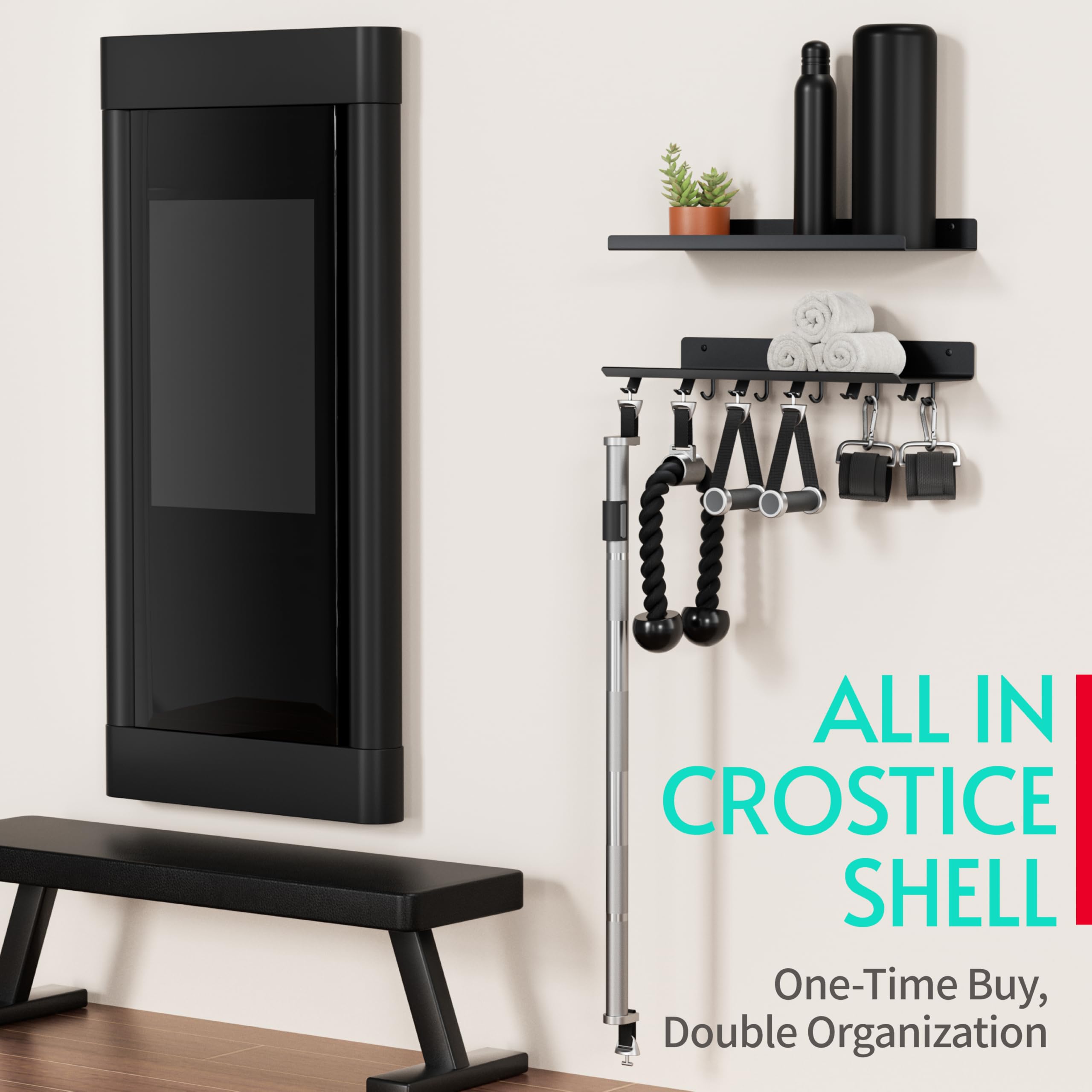 Crostice 2-Tier Floating Shelf Compatible with Tonal Accessories, Shelf for Home Gym Storage, Gym Rack Wall Mount Organizer, Workout Metal Shelf Holder, T-Bracket Lock Adapter Hanger, Shelf with Hooks