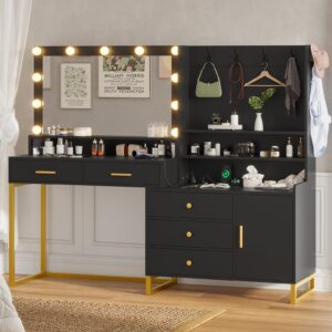 hauoms 63" w vanity desk with mirror & power outlet, makeup vanity with 5 drawers, 3 storage shelves, 1 cabinet, black vanity with lighted mirror, dressing table for bedroom,black