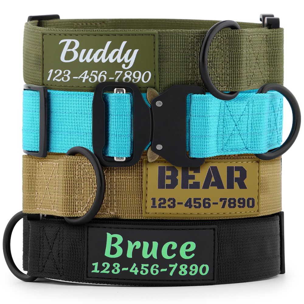 Personalized Tactical Dog Collar with Name and Phone Number, Heavy Duty Nylon Military Dog Collar with Strong Metal Buckle for Medium and Large Dogs