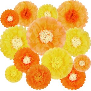 hotop 36 pieces yellow orange tissue paper flowers fall tissue pom poms blooms for thanksgiving fall autumn birthday party bakcdrop bridal shower decorations, 8, 10, 12 inch