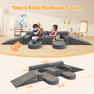 CoziBB 10pcs Modular Kids Play Couch, Convertible Nugget Couch for Toddlers & Children with Climbing Slope, Floor Sectional Sofa for Playroom Bedroom Nursery