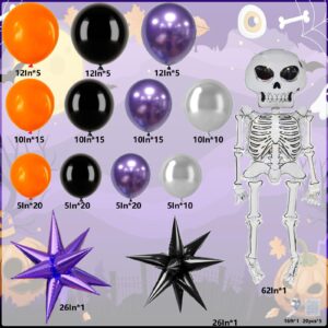 161Pcs Halloween Balloons Garland Arch Kit,Black and Orange Balloons with Skeleton Pumpkin Foil Balloons, Silver Purple Metallic Balloons for Halloween Party Decorations Birthday