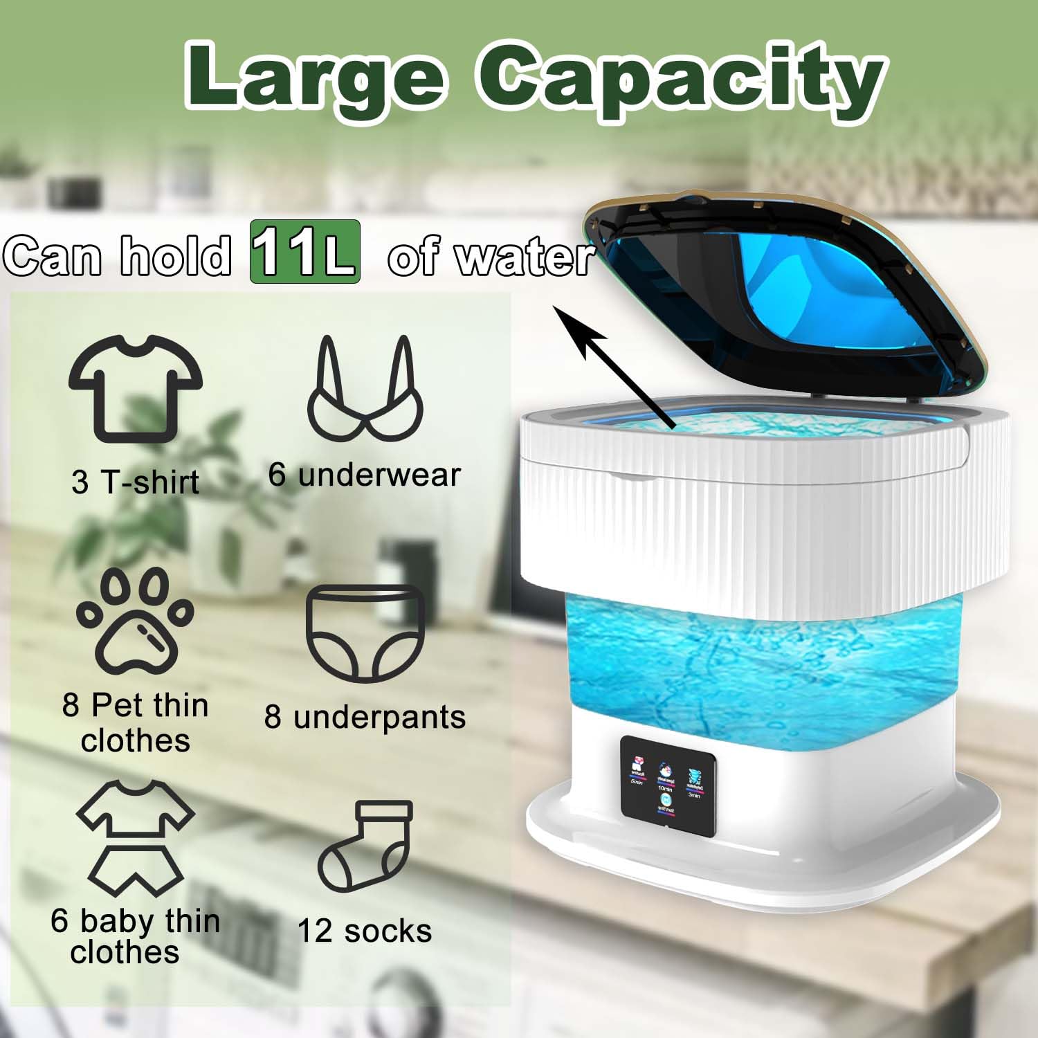 Mini Washing Machine, Portable Foldable Washer, 11L Large Capacity Upgrade Model, Small Collapsible Compact Laundry Washer and spin dryer, Apartment, Dorm, Rv, Socks, Underwear, Baby Clothes (Green)