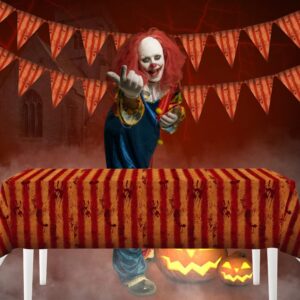 FULJOOY 4 Pcs Creepy Carnival Decorations Sets 2 Halloween Bloody Circus Backdrop and 2 Banner Waterproof Red and White Striped Tablecloth Halloween Striped Pennant Banner Horror Triangle Bunting Flag