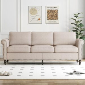 puremind sofa couch set, 3 seat couches for living room mid century modern couch with solid wood frame linen sectional couch sofa for home for office for apartment beige