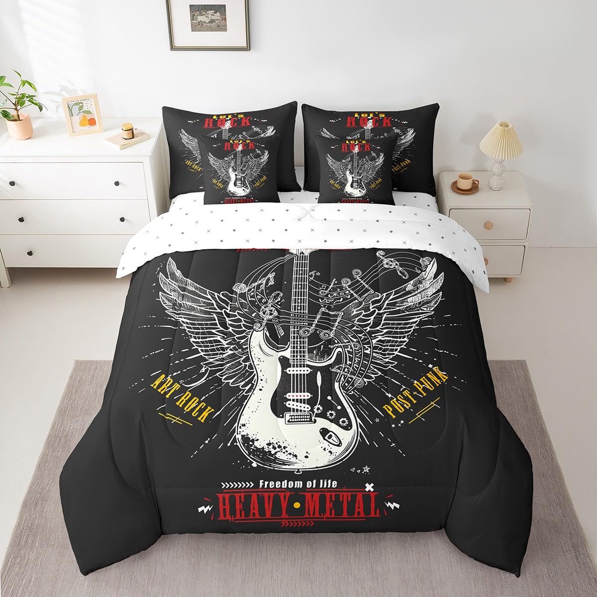 Feelyou Guitar Bedding Set Rock Music Bed in a Bag Musical Comforter Set Full Size 7 Pieces for Kids Boys Teens Bird Wings Bed Set with Comforter, Sheet Set, Pillowcases, Pillow Covers