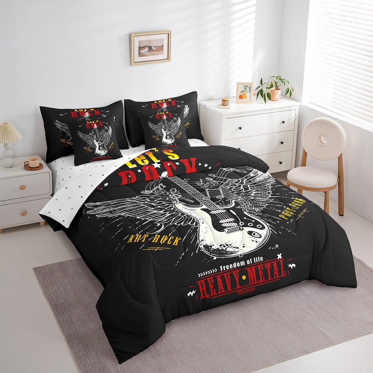 Feelyou Guitar Bedding Set Rock Music Bed in a Bag Musical Comforter Set Full Size 7 Pieces for Kids Boys Teens Bird Wings Bed Set with Comforter, Sheet Set, Pillowcases, Pillow Covers