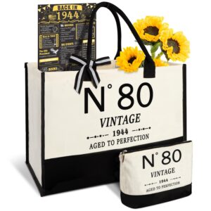 80th birthday gifts for women canvas tote bag travel gear, unique 80 years old gifts for wife sister mom aunt friends her, vintage n°80 beach bag & cosmetic bag & back in 1944 poster