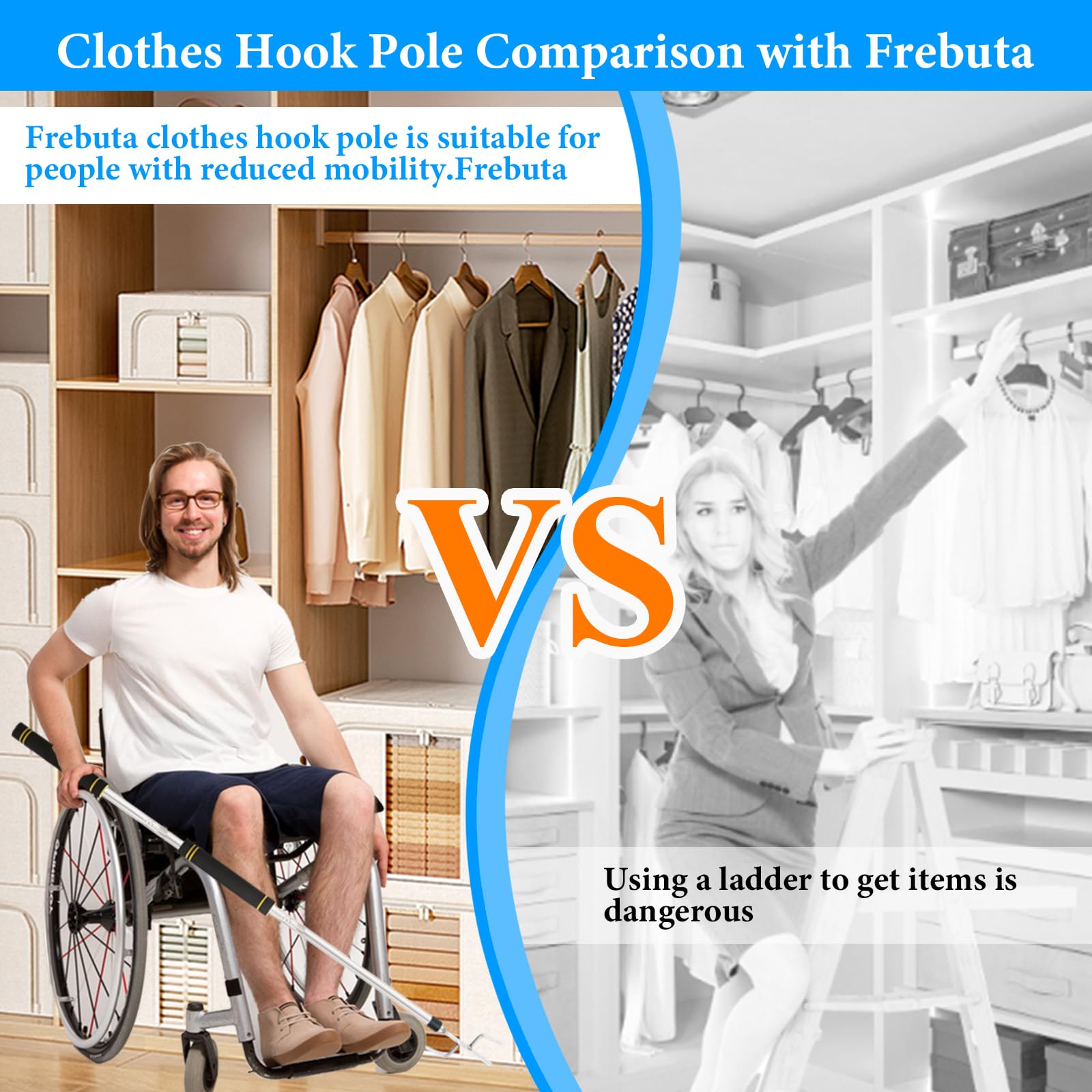 Frebuta Clothes Hook Pole Heavy Duty,32 to 65Inch High Reach Garment Hook 2 Hooks for Hanging Birdfeeder Stainless Steels Tube Extension Pole with Hook for Reaching to Reach High Hangers