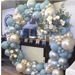 dusty blue balloon arch kit 18 12 10 5 inch double stuffed slate fog blue balloons pearl sand balloons for something blue before i do bridal shower baby boy shower birthday decorations