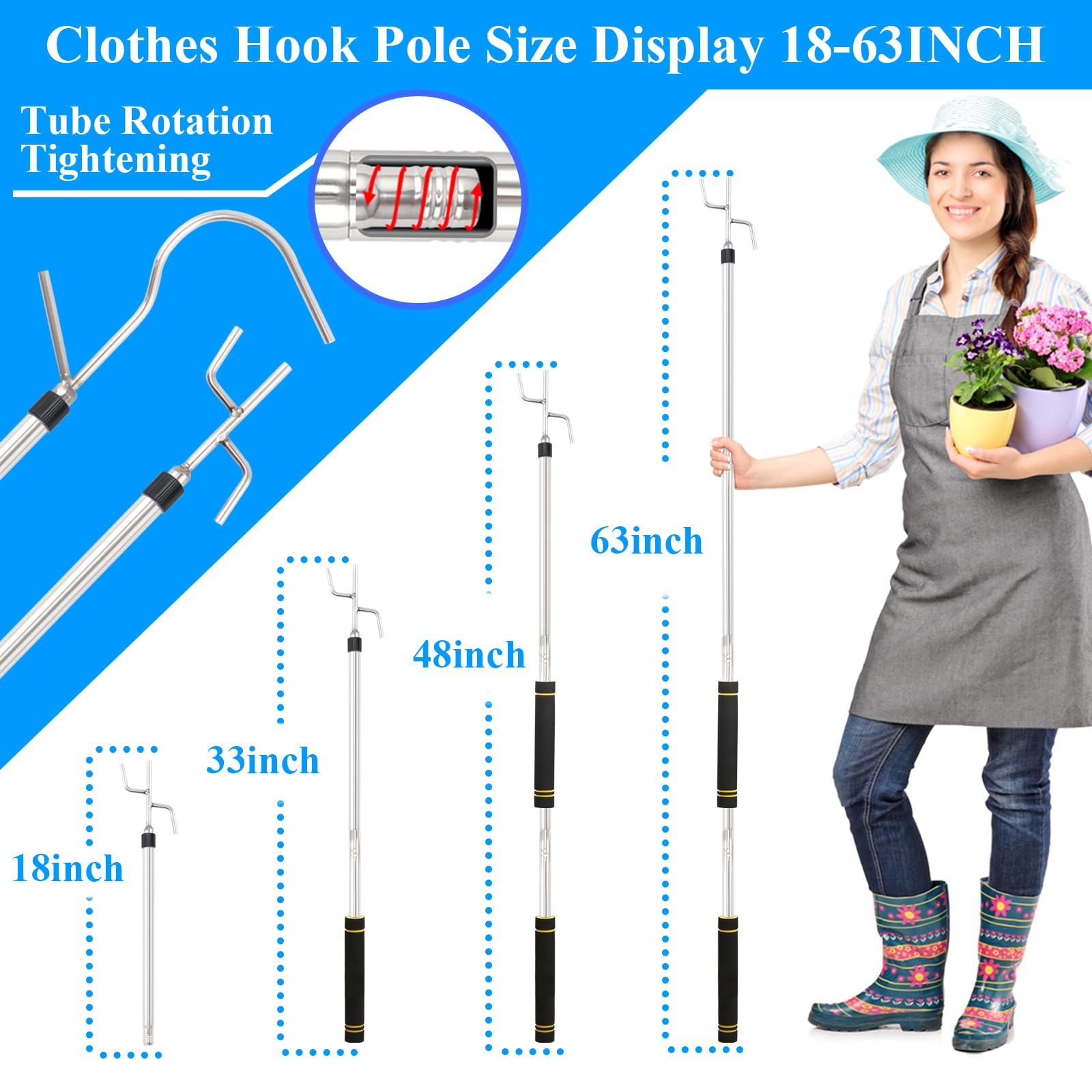 Frebuta Clothes Hook Pole Heavy Duty,32 to 65Inch High Reach Garment Hook 2 Hooks for Hanging Birdfeeder Stainless Steels Tube Extension Pole with Hook for Reaching to Reach High Hangers