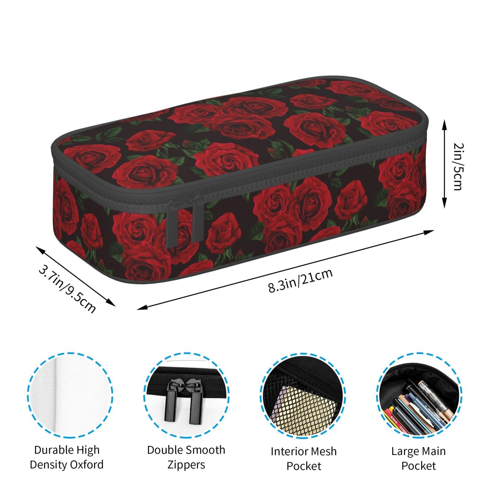 HKHEHOP Red And Black Rose Pencil Case Big Capacity Storage Pencil Pouch Stationery Bags With Zipper Portable Pen Holder Box Organizer For Boys Student College School Office Supplies