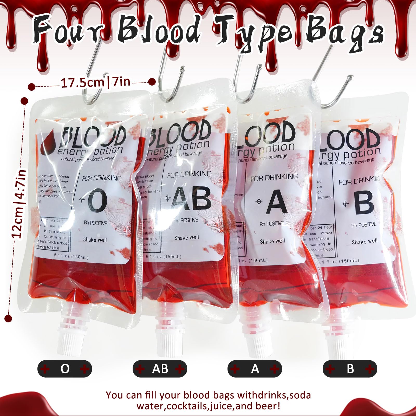 40pcs Blood Bags for Drinks, Vampire Accessories for Halloween Decorations Party Supplies, Reusable Iv Zombie Bloody Drinking Container, PVC Material, ABCD Printed, 8.45oz, 3pcs Funnel, 40pcs