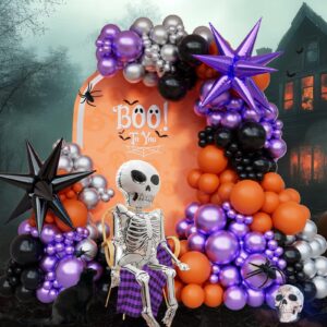 161Pcs Halloween Balloons Garland Arch Kit,Black and Orange Balloons with Skeleton Pumpkin Foil Balloons, Silver Purple Metallic Balloons for Halloween Party Decorations Birthday