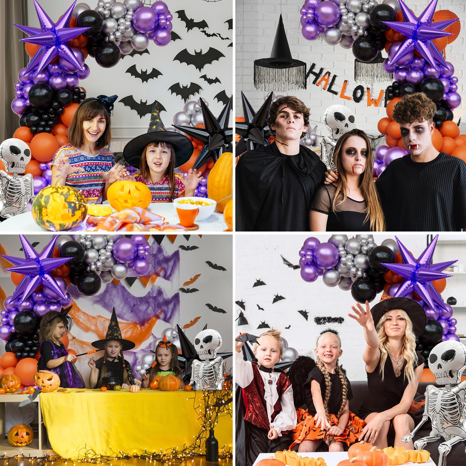 161Pcs Halloween Balloons Garland Arch Kit,Black and Orange Balloons with Skeleton Pumpkin Foil Balloons, Silver Purple Metallic Balloons for Halloween Party Decorations Birthday