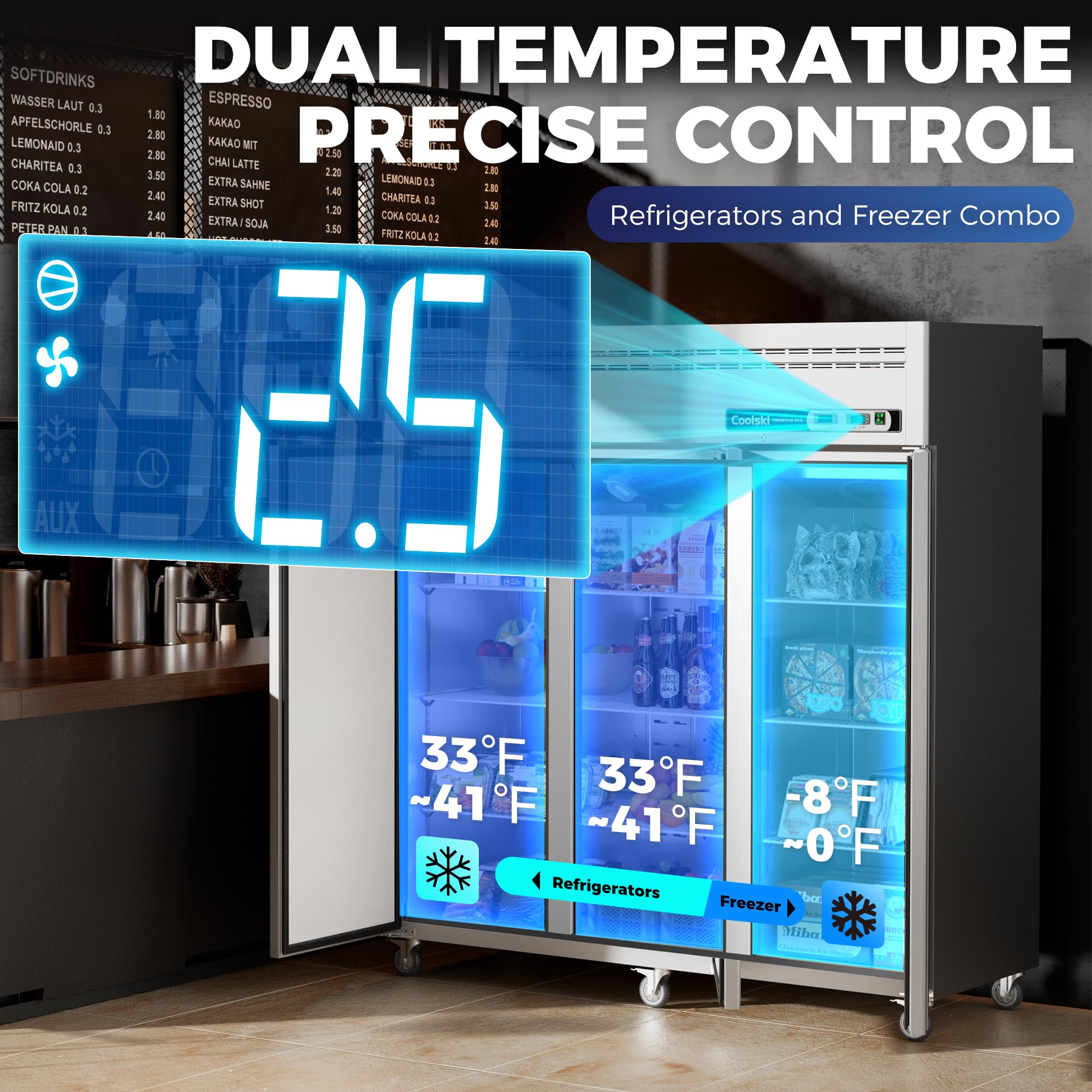 Coolski Dual Temp Commercial Refrigerator 3 Door Upright 72" W, 54 Cu.ft Reach in Fan Cooling Commercial Refrigerator and Freezer Combo for Restaurant, Kitchen, Garage, Food Truck, School, Church