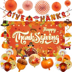 trgowaul happy thanksgiving day decorations, 29pcs orange thanksgiving party supplies, give thanks banner backdrop, hanging swirls&paper fan flower swirl autumn balloons, fall party decorations set