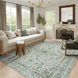 livebox living room carpet, 8x10 washable rug, large sage green area rug non-slip floral boho retro thin vintage room carpet for bedroom office dining room rugs for undertable