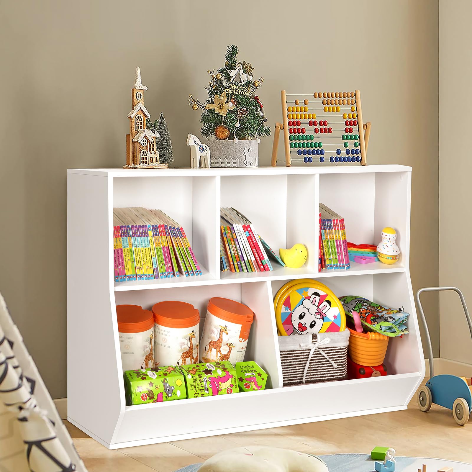 PACHIRA E-Commerce Kids Bookshelf, 35.4" W X 29.5''H X 11.8" D, Storage Organizer with Bookcase, Toy Storage Cabinet, Open Wooden Book Display for Playroom, Bedroom, Nursery, School, White