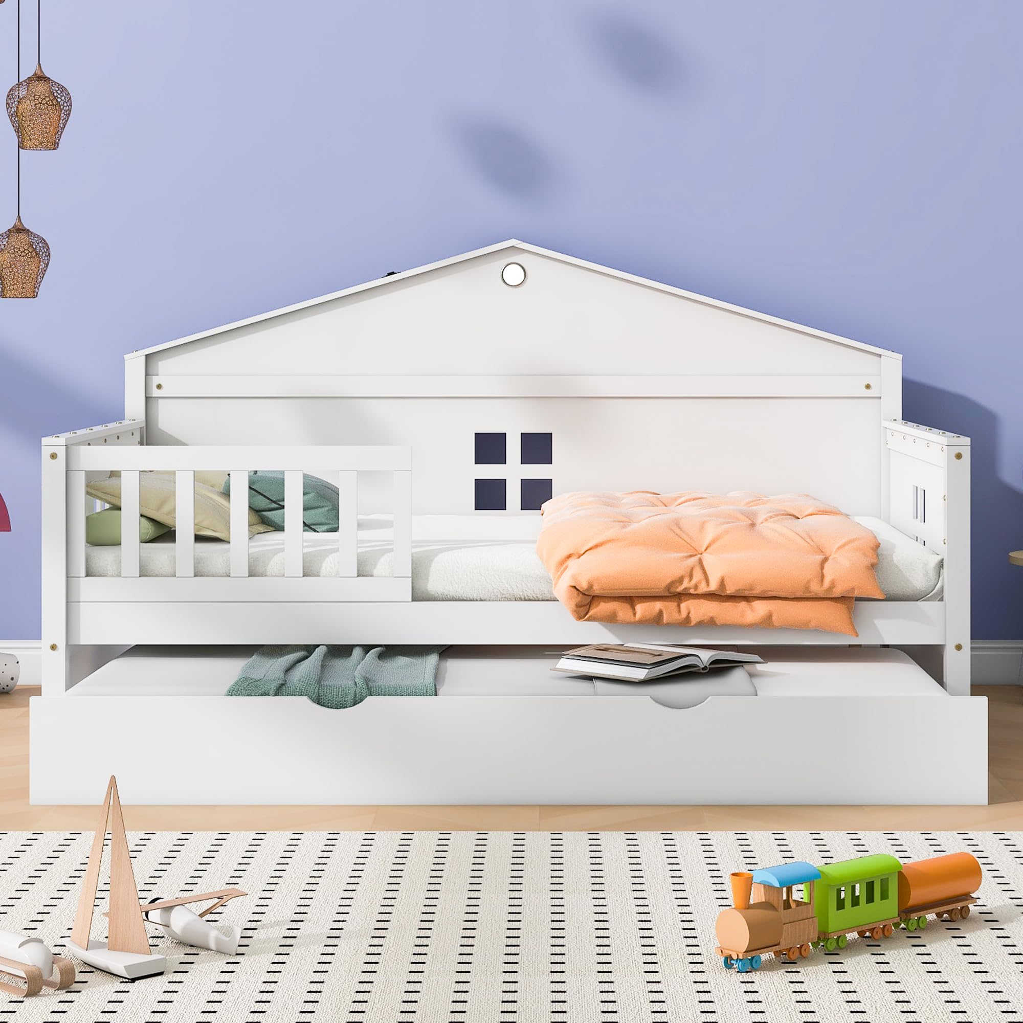 MERITLINE Twin Size Daybed with Trundle and Sensor Light, Wood Daybed Sofa Bed with Charming House-Shaped Backboard,Kids Bed Frames with Windows and Safety Rails,White