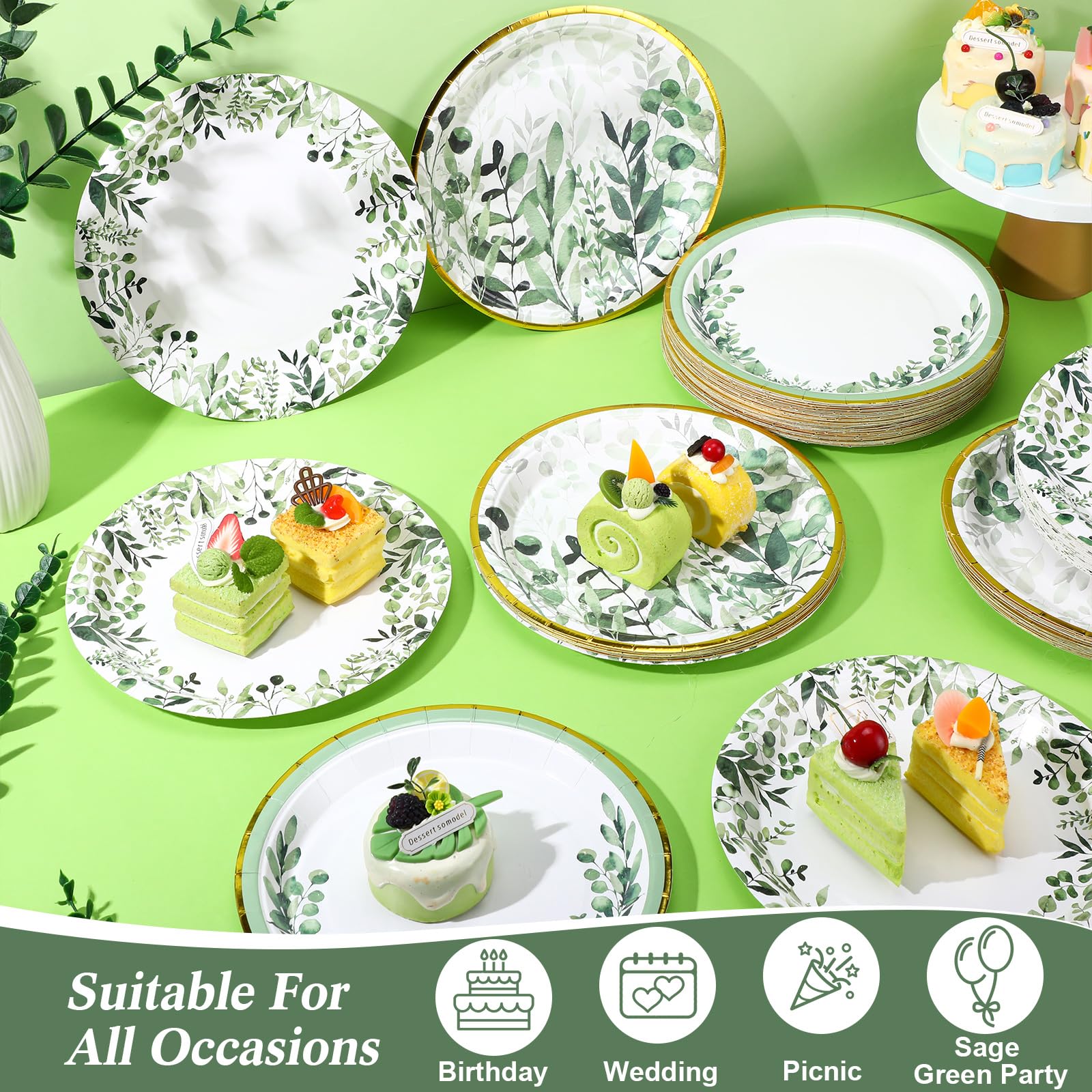 Yungyan 144 Pcs Sage Green Paper Plates with Gold Rim Sage Green Tableware Party Supplies Eucalyptus Dessert Plates Greenery Floral Plates for Baby Shower Bridal Wedding Birthday Party (9 Inch)