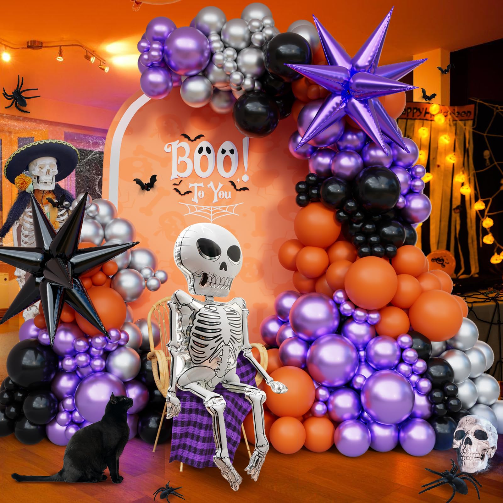 161Pcs Halloween Balloons Garland Arch Kit,Black and Orange Balloons with Skeleton Pumpkin Foil Balloons, Silver Purple Metallic Balloons for Halloween Party Decorations Birthday